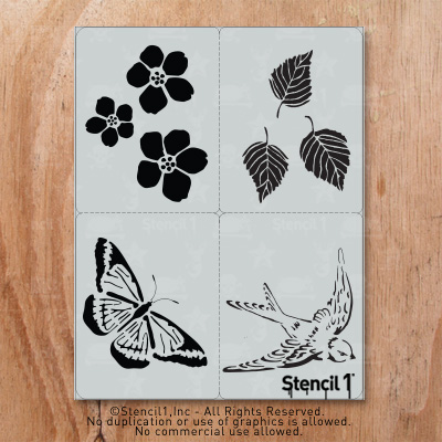 Spring 4-pack bird, butterfly, blossom, leaves | Stencil 1